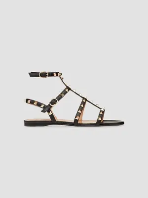 Valentino Garavani Rockstud Flat Calfskin Sandals With Straps - Black