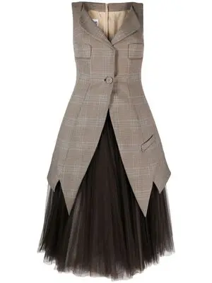 Moschino Glen Plaid Tulle-underlayer Midi Dress - Brown