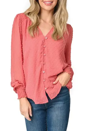 GIBSONLOOK Pin Dot Smocked Blouse