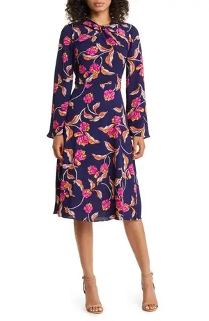 Maggy London Floral Print Midi Dress - Navy/ Wine