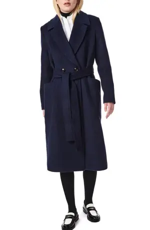 Bernardo Belted Wool-blend Longline Coat - Deep Navy
