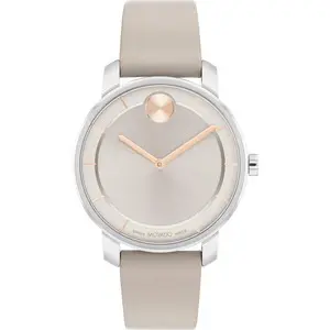 Movado Bold Horizon Leather Strap Watch Warm Grey