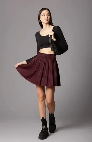 Avec Les Filles Faux-ever Leather™ Pleated A-line Miniskirt - Zinfandel