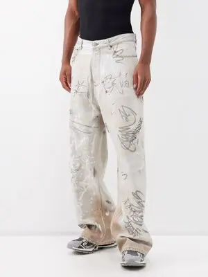 Balenciaga Balenciaga - Graffiti-print Organic Wide-leg Jeans - Mens - Chalk - White