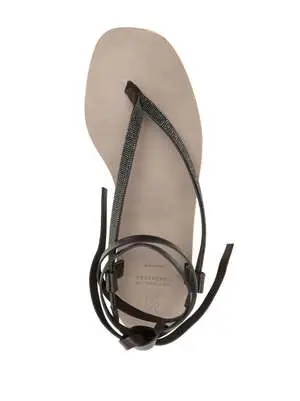 Brunello Cucinelli Embellished Ankle Tie Flat Leather Sandals