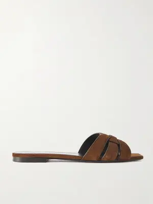 Saint Laurent Tribute Woven Suede Slides - Brown