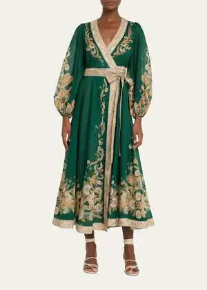 Zimmermann Devi Paisley Wrap Midi Dress - Emerald Paisley