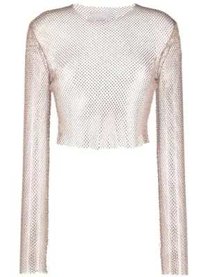 GENNY Rhinestone Mesh Cropped Blouse