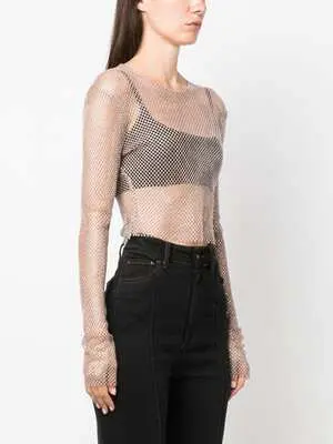 GENNY Rhinestone Mesh Cropped Blouse