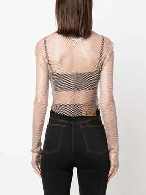 GENNY Rhinestone Mesh Cropped Blouse