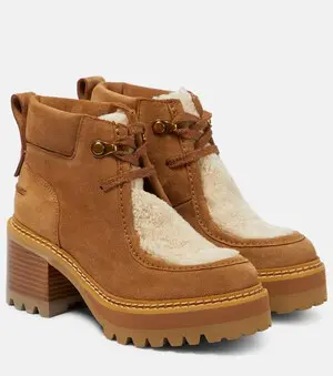 See By Chloé Shearling-trimmed Suede Ankle Boots - Brown