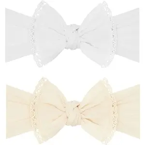 BABY BLING 2-pack Bow Headbands - White Lace Oatmeal Lace