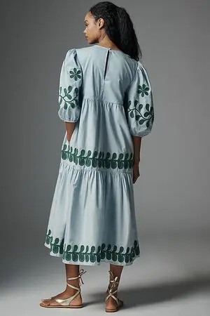 Anthropologie Embroidered Puff-sleeve Midi Dress
