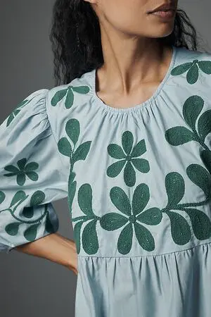 Anthropologie Embroidered Puff-sleeve Midi Dress