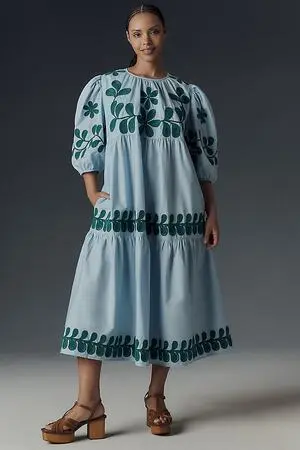 Anthropologie Embroidered Puff-sleeve Midi Dress