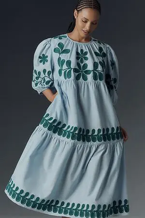 Anthropologie Embroidered Puff-sleeve Midi Dress