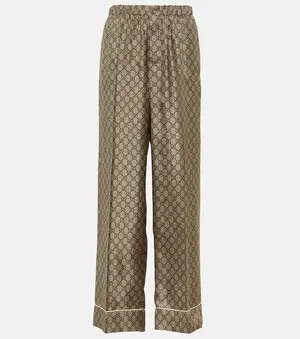 Gucci Gg Supreme Silk Wide-leg Pants - Brown