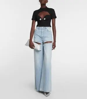 AREA Cutout Embellished Wide-leg Jeans - Blue