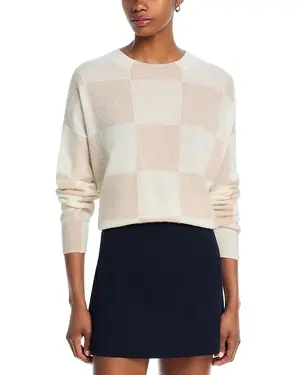 Aqua 100% Cashmere Brushed Check Cropped Sweater - Oatmeal Ivory