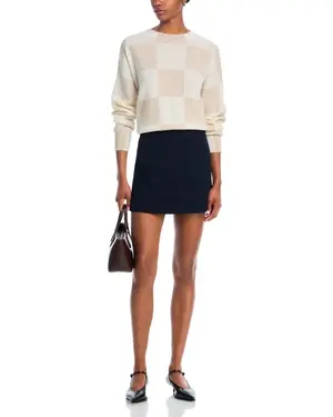 Aqua 100% Cashmere Brushed Check Cropped Sweater - Oatmeal Ivory