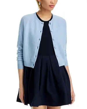Aqua 100% Cashmere Crewneck Cardigan Chambray