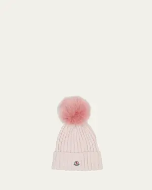 Moncler Moncler Ribbed Wool Beanie With Faux Fur Pom Light Pink