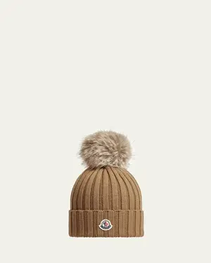 Moncler Moncler Ribbed Wool Beanie With Faux Fur Pom Medium Beige