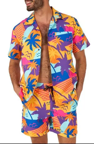 Opposuits Printed Short Sleeve Button-up Shirt And Drawstring Shorts Set