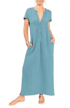 EVERYDAY RITUAL Stacey Split Neck Cotton Caftan