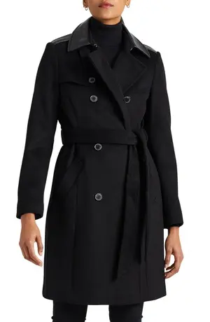 Ralph Lauren Tie Waist Faux Leather Trim Wool Blend Coat