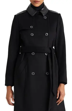 Ralph Lauren Tie Waist Faux Leather Trim Wool Blend Coat