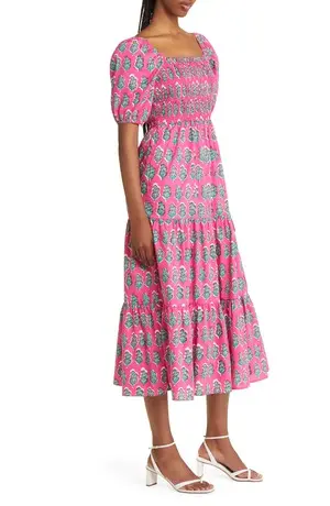 Boden Floral Puff Sleeve Tiered Maxi Dress