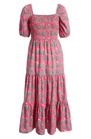 Boden Floral Puff Sleeve Tiered Maxi Dress