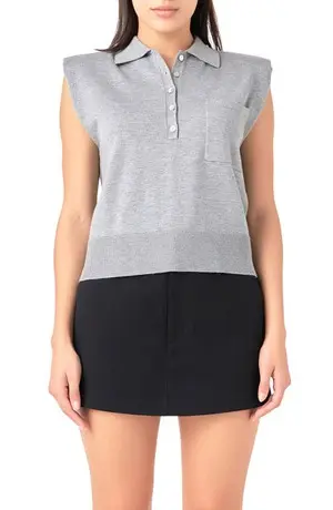 GREY LAB Crop Cap-sleeve Knit Polo - Heather Grey