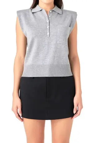 GREY LAB Crop Cap-sleeve Knit Polo - Heather Grey