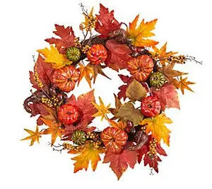 NEARLY NATURAL 24' Autumn Pumpkin & Berries Fal L Wreath - One-color