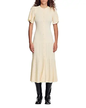 knee length dresses for ladies Sandro Fine-knit midi dress with openwork design yellow  PALMA PARIS