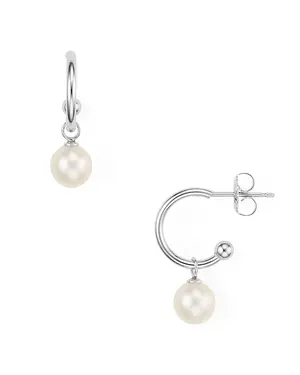 Aqua Hoop And Cultured Freshwater Pearl Drop Earrings - Silver