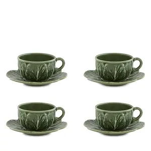 BORDALLO PINHEIRO Cabbage Teacup & Saucer Set, Service For 4 - Green