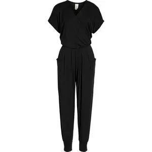 Loveappella Short Sleeve Wrap Top Jumpsuit - Black