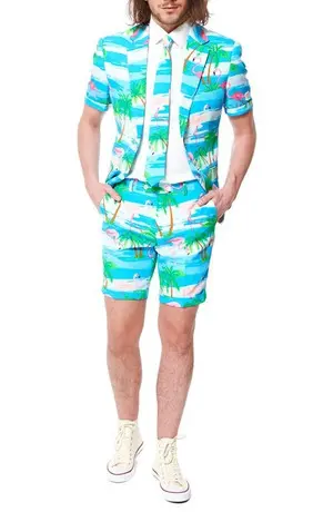 Opposuits Flamingo Print Trim Fit Short Suit With Tie