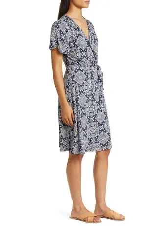 Loveappella Short Sleeve Faux Wrap Dress