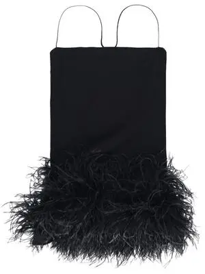 Attico Fujiko Techno Jersey Mini Dress With Ostrich Feathers - Black