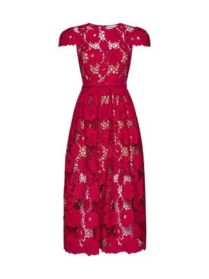 knee length dresses for ladies Cream 3D Flower Polka Dot Midi Dress – self-portrait-US main image 0
