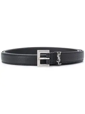 Saint Laurent Grained Leather Cassandre Thin Belt With Square Buckle - Black