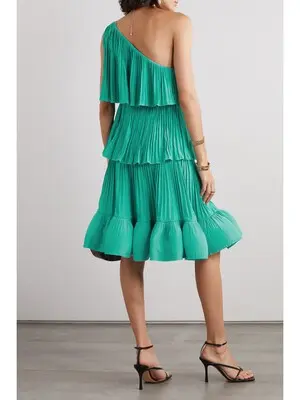 LANVIN One-shoulder Tiered Ruffled Charmeuse Mini Dress - Blue