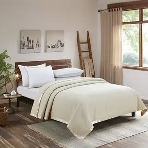 MELANGE COLLECTION Merino Wool Blanket With Satin Edge, Queen - Ivory