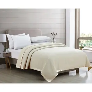 MELANGE COLLECTION Merino Wool Blanket With Satin Edge, Queen - Ivory