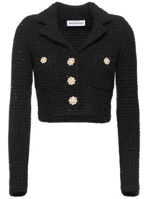 SELF-PORTRAIT Sequined Textured Knit Jacket Black