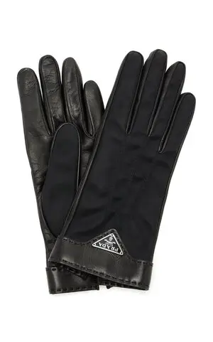 Prada Re-nylon Trimmed Leather Gloves - Black